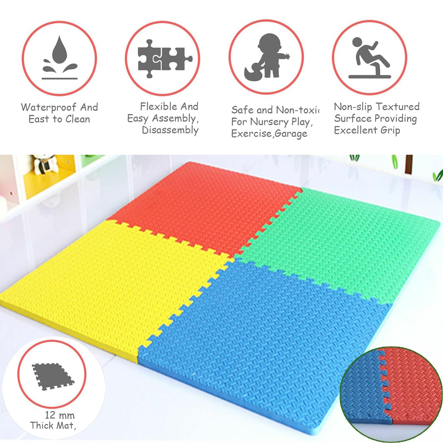 12mm Thick Interlocking EVA Foam Padding Kids Play Mat Floor Tiles, 8